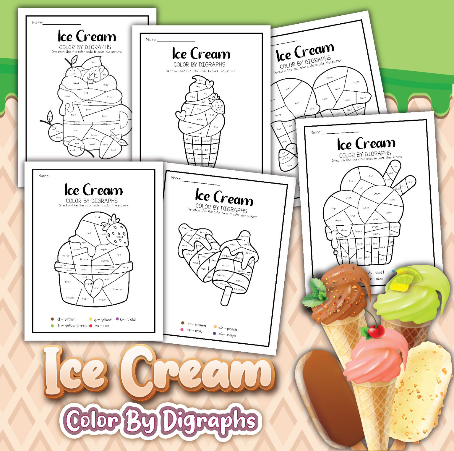 Ice Cream Color by Digraph Printable - Teaching Mama
