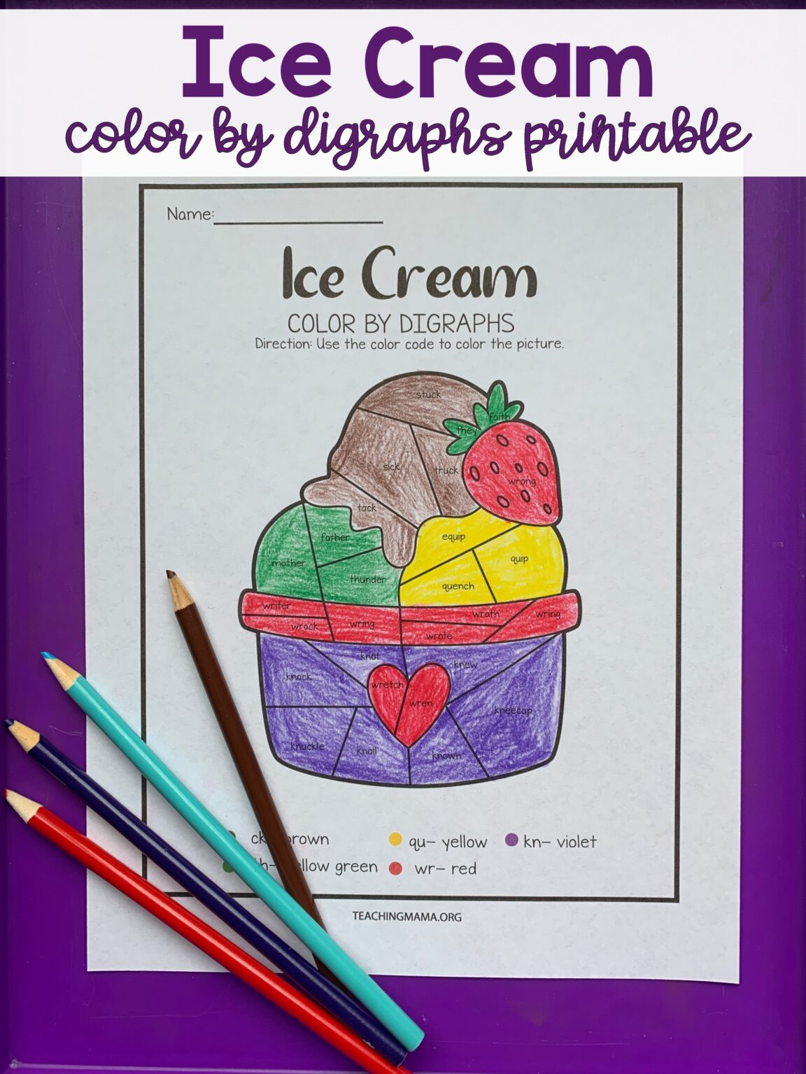 Ice Cream Color by Digraph Printable - Teaching Mama